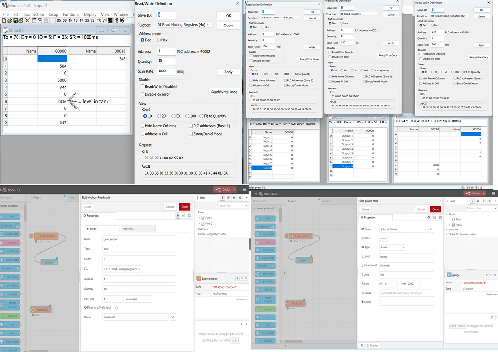 Modbus comunication with level sensor and DI/DO module through Node-Red ...