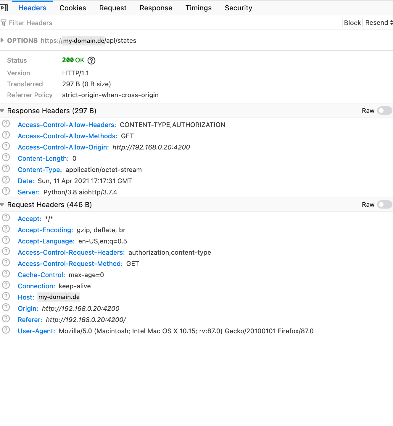 Error 405 CORS On api history period But Not api states Via REST 