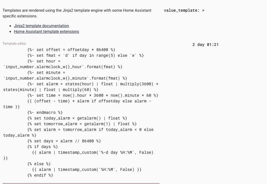 Need template to calculate time between alarm and now in weekdays and ...