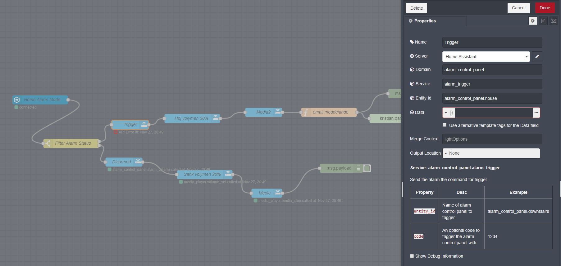 Let alarm_trigger start a series of events - Node-RED - Home Assistant ...