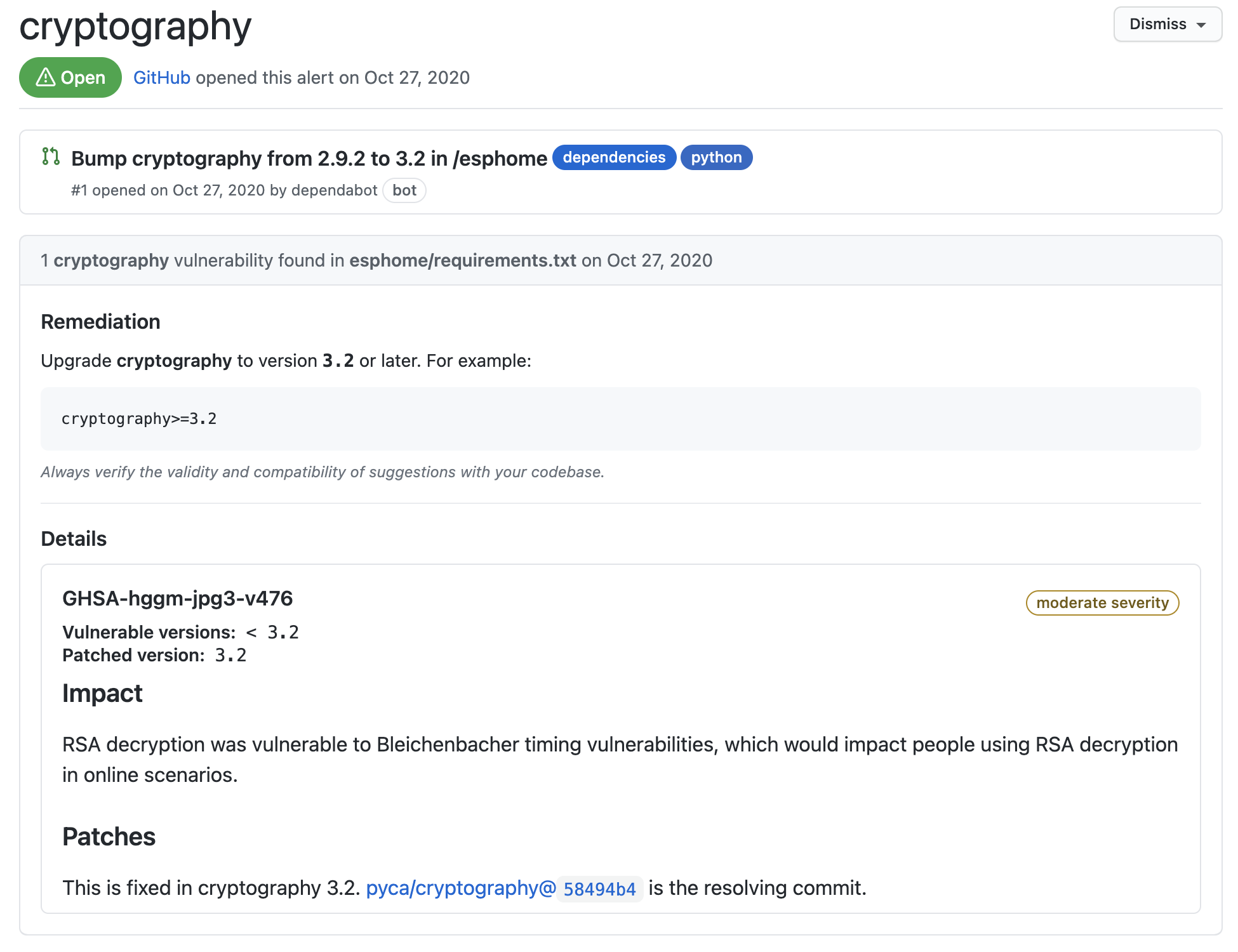 GitHub Private Repo Security Warning - cryptography 2.9.2 to 3.2 ... GitHub Private Repo Security Warning - cryptography 2.9.2 to 3.2 ...