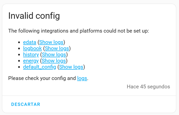 Invalid config - The following integrations and platforms could not be set up - Configuration ...