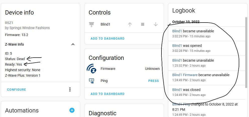 After power outage many zwave devices are marked dead, but will update gui when used manually ...