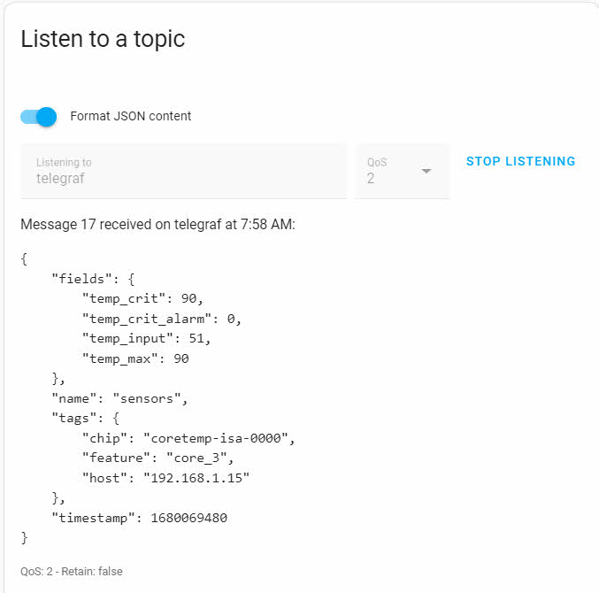 Monitor temperature via mqqt/telegraf; Proxmox... No results displayed ...