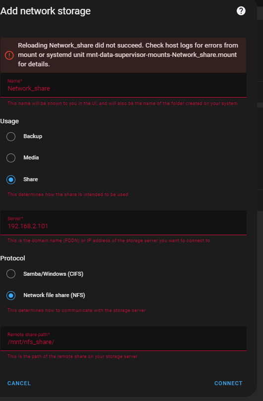 Error On Adding Network Storage Nfs Share Configuration Home Assistant Community