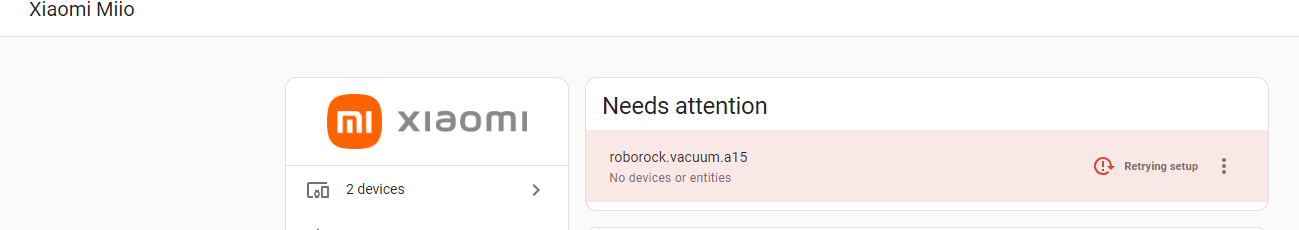 Roborock S7 - Xiaomi Mii integration stopped working. "Retrying setup" - Third party ...
